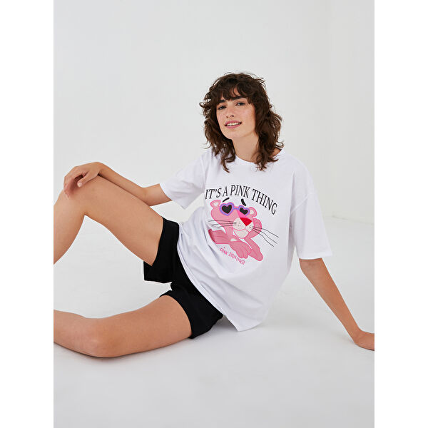 XSIDE Bisiklet Yaka Pembe Panter Baskılı Kısa Kollu Pamuklu Kadın Tişört