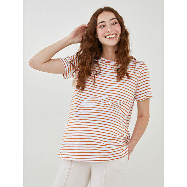 Bisiklet Yaka Çizgili Kısa Kollu Pamuklu Hamile Tişört