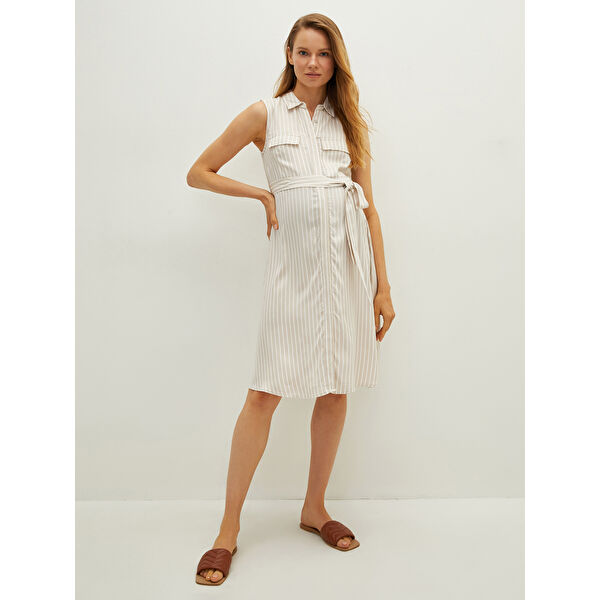 Gömlek Yaka Çizgili Kolsuz Beli Kuşaklı Belmando Kumaş Hamile Elbise