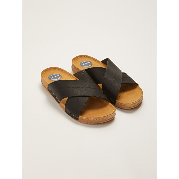 Deri Görünümlü Çapraz Bantlı Erkek Terlik