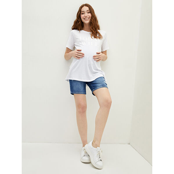 Karın Panelli Standart Fit Düz Cep Detaylı Hamile Rodeo Jean Şort