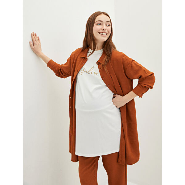 Gömlek Yaka Düz Uzun Kollu Önden Düğmeli Hamile Tunik