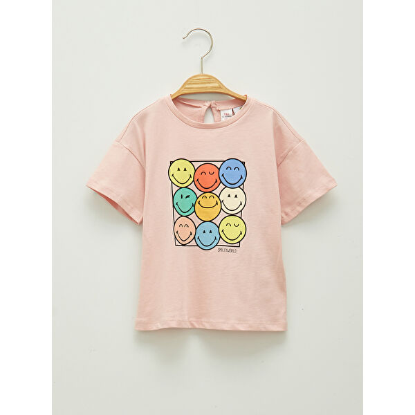 Bisiklet Yaka Kısa Kollu Smiley Baskılı Kız Bebek Tişört