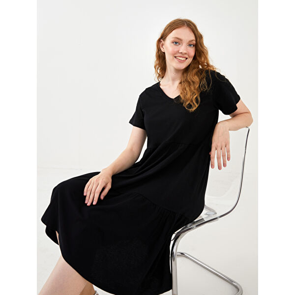 Büyük Beden V Yaka Düz Kısa Kollu A Kesim Kadın Elbise