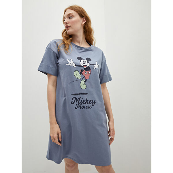 Büyük Beden Bisiklet Yaka Mickey Mouse Baskılı Kısa Kollu Kadın Elbise