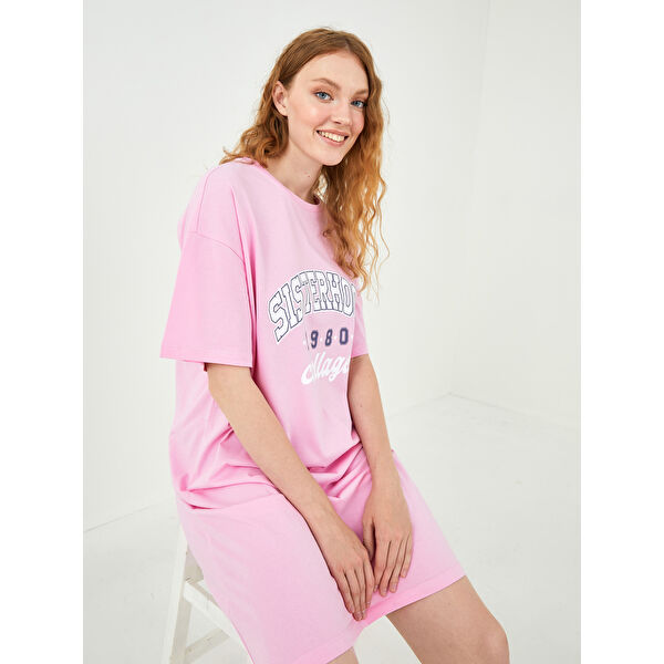 Büyük Beden Bisiklet Yaka Baskılı Kısa Kollu Kadın Elbise