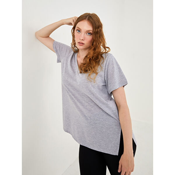 Büyük Beden V Yaka Düz Kısa Kollu Kadın Tişört