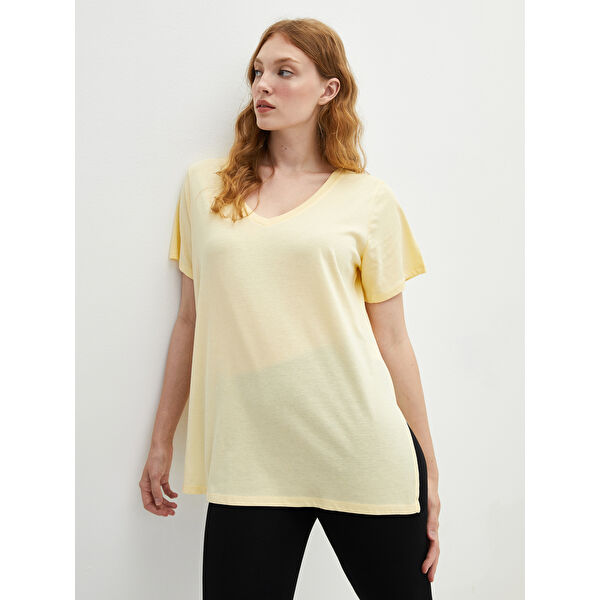 Büyük Beden V Yaka Düz Kısa Kollu Kadın Tişört