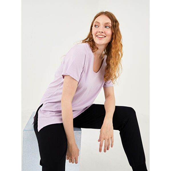 Büyük Beden V Yaka Düz Kısa Kollu Kadın Tişört