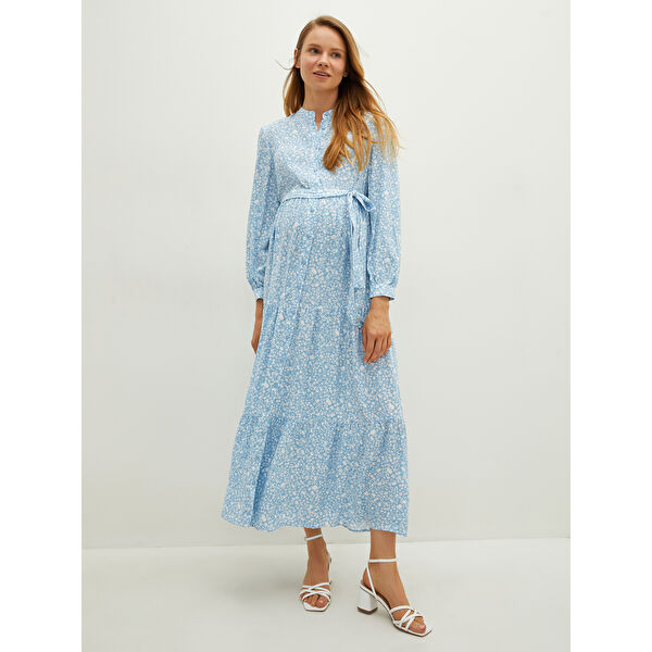 Hakim Yaka Desenli Beli Bağlama Detaylı A Kesim Uzun Kollu Poplin Kumaş Hamile Elbise Hakim Yaka Desenli Beli Bağlama Detaylı A Kesim Uzun Kollu Poplin Kumaş Hamile Elbise