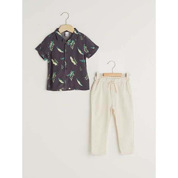 Kısa Kollu Desenli Erkek Bebek Gömlek ve Pantolon 2'li Takım