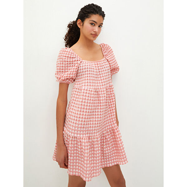 LCW VISION Kare Yaka Ekose Kısa Kollu Keten Görünümlü Kumaş Kadın Elbise