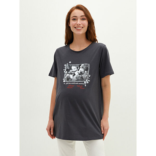 Bisiklet Yaka Mickey Mouse Baskılı Kısa Kollu Hamile Tişört