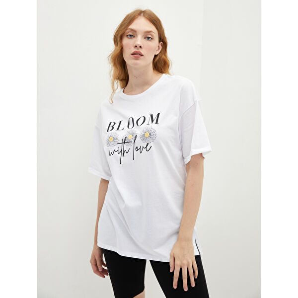 Büyük Beden Bisiklet Yaka Baskılı Kısa Kollu Pamuklu Kadın Tişört