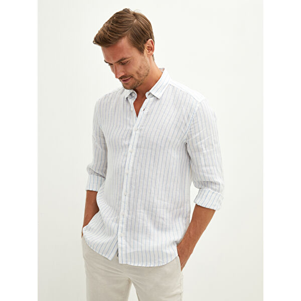 LCW CLASSIC Slim Fit Uzun Kollu Çizgili Keten Erkek Gömlek