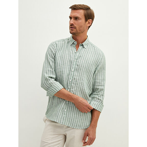 LCW CLASSIC Slim Fit Uzun Kollu Çizgili Keten Erkek Gömlek
