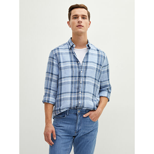 LCW CLASSIC Slim Fit Uzun Kollu Ekose Keten Erkek Gömlek