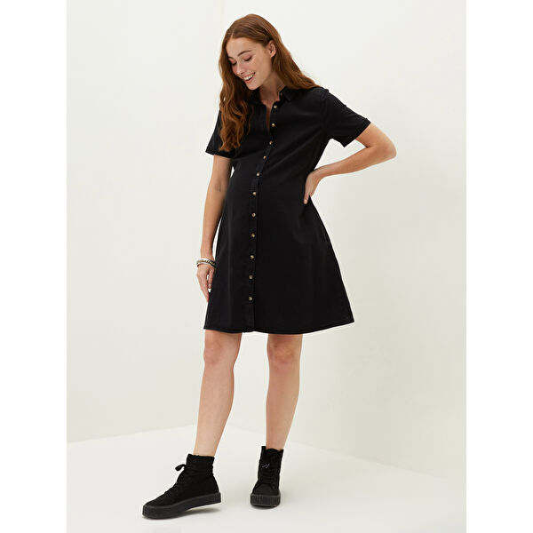 Gömlek Yaka Düz Önden Düğmeli Kısa Kollu Hamile Rodeo Jean Elbise