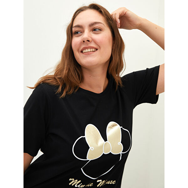 Büyük Beden Bisiklet Yaka Minnie Mouse Baskılı Kısa Kollu Pamuklu Kadın Tişört