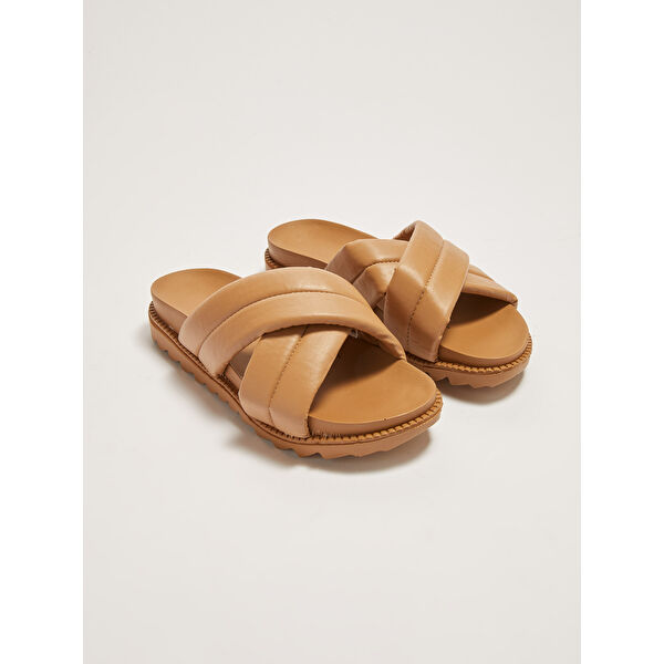 Deri Görünümlü Çapraz Bantlı Kadın Terlik