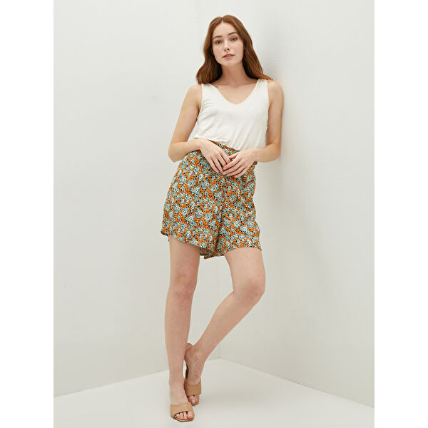 Beli Lastikli Desenli Cep Detaylı Viskon Kadın Şort