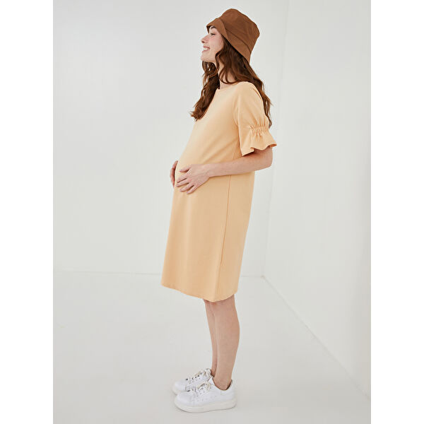 Bisiklet Yaka Düz Kısa Kollu Fırfır Detaylı Hamile Elbise