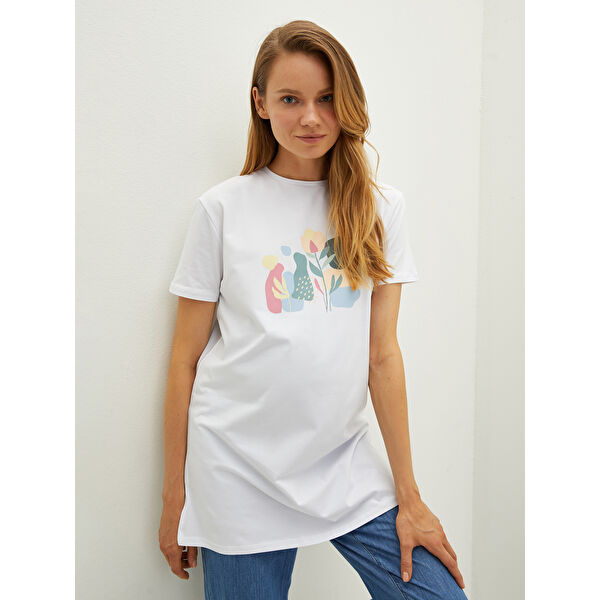 Bisiklet Yaka Baskılı Kısa Kollu Pamuklu Hamile Tunik