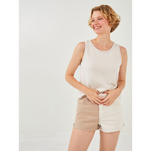 Yüksek Bel Standart Fit Renk Bloklu Cep Detaylı Kadın Jean Şort