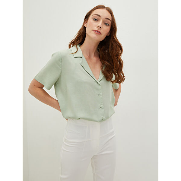 Büyük Beden V Yaka Önden Düğme Kapamalı Düz Kısa Kollu Keten Kadın Gömlek