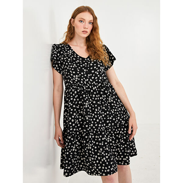 Büyük Beden V Yaka Çiçekli Kısa Kollu Krinkle Kumaş Kadın Elbise