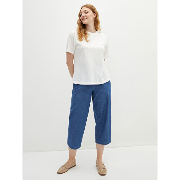 Büyük Beden Beli Lastikli Düz Cep Detaylı Kadın Rodeo Jean Capri