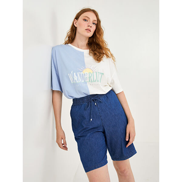 Büyük Beden Beli Lastikli Düz Cep Detaylı Kadın Rodeo Jean Şort