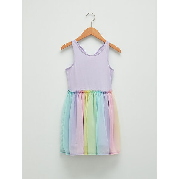 Bisiklet Yaka Renkli Tüllü Kız Çocuk Elbise