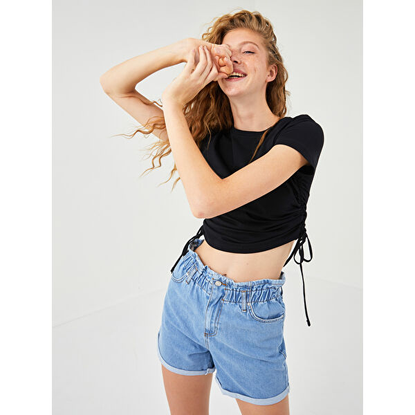 XSIDE Bisiklet Yaka Büzgü Detaylı Kısa Kollu Crop Kadın Tişört