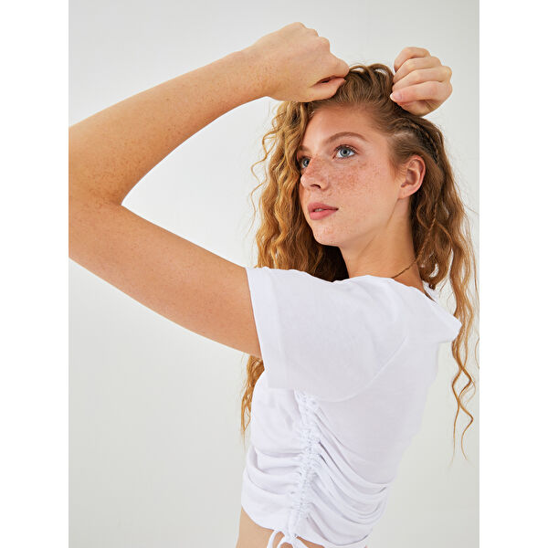 XSIDE Bisiklet Yaka Büzgü Detaylı Kısa Kollu Crop Kadın Tişört