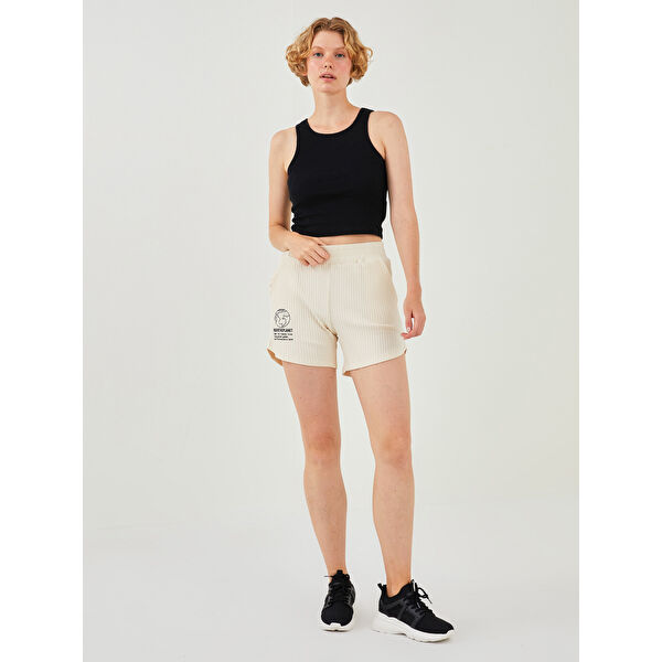 Beli Lastikli Baskılı Cep Detaylı Kadın Bermuda Şort