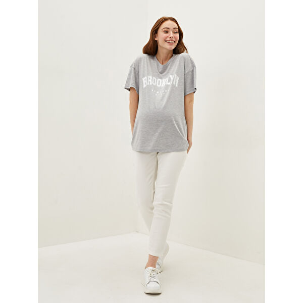 Bisiklet Yaka Baskılı Kısa Kollu Hamile Tişört