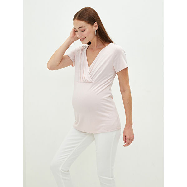 V Yaka Düz Kısa Kollu Emzirme Özellikli Hamile Tişört