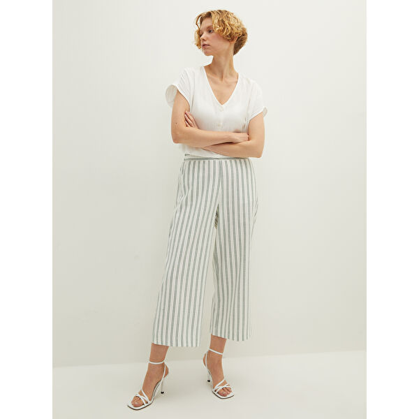 LCW VISION Beli Lastikli Yüksek Bel Bol Fit Çizgili Keten Görünümlü Kadın Capri