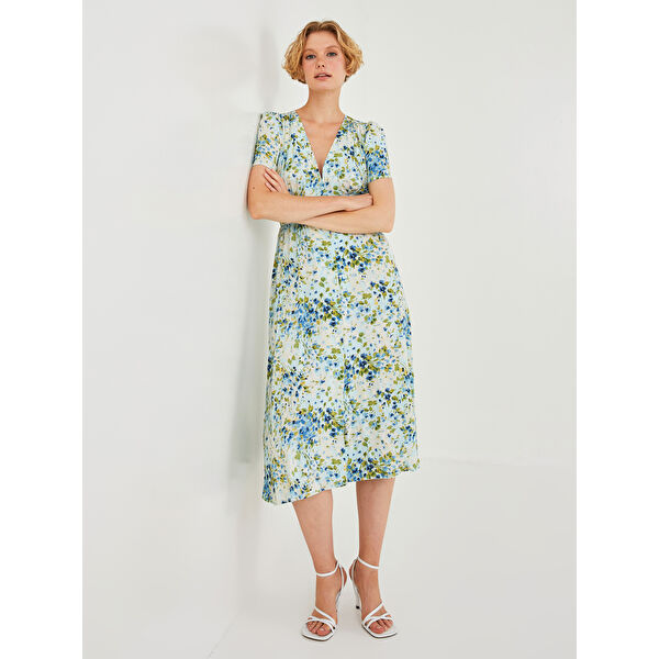 LCW LIMITED V Yaka Desenli Kısa Kollu Düğmeli Viskon Kadın Elbise