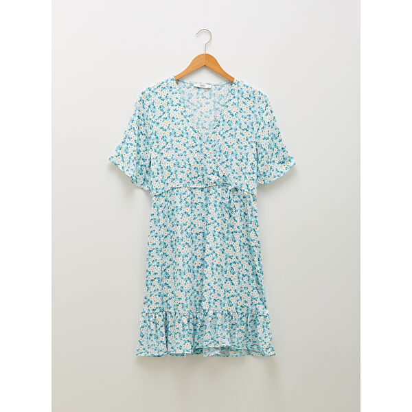 XSIDE Kruvaze Yaka Çiçekli Kısa Kollu Viskon Kadın Elbise