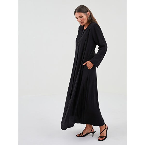 LCW GRACE Bisiklet Yaka Parlak Sim Detaylı A Kesim Uzun Kollu Maroken Kumaş Kadın Elbise