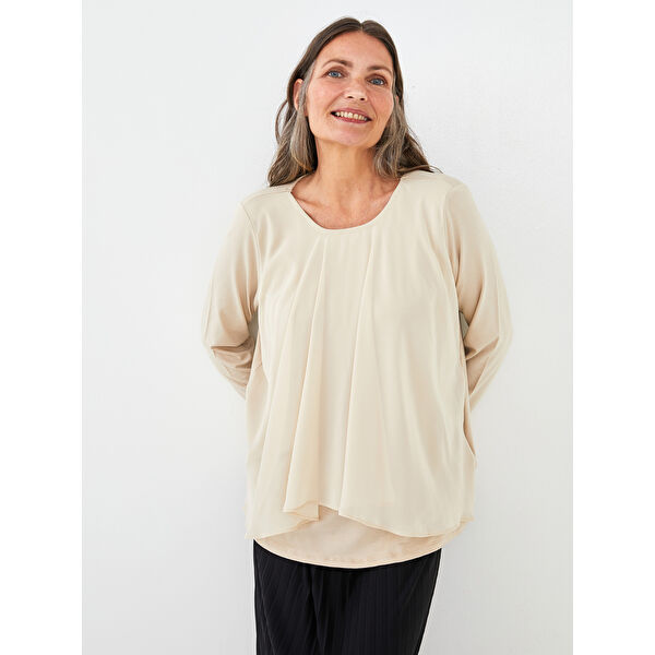 Bisiklet Yaka Düz Uzun Kollu Krep Kumaş Kadın Bluz