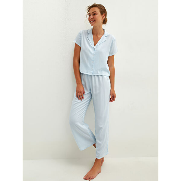 LCW DREAM Petite Gömlek Yaka Çizgili Kısa Kollu Viskon Kadın Pijama Takımı