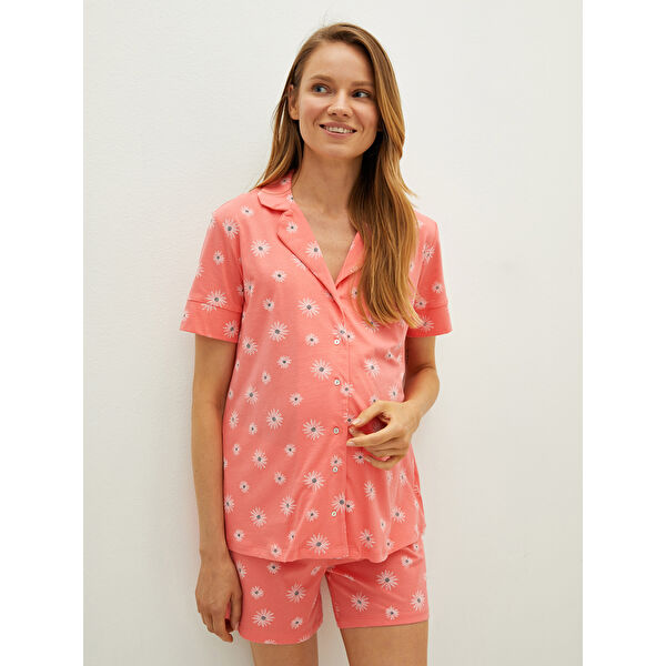 LCW DREAM Gömlek Yaka Çiçekli Kısa Kollu Pamuklu Hamile Şortlu Pijama Takımı