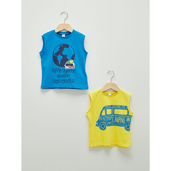 Bisiklet Yaka Baskılı Pamuklu Erkek Bebek Atlet 2'li