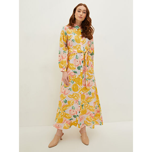 MODEST Gömlek Yaka Desenli Beli Bağlama Detaylı Uzun Kollu Kadın Elbise MODEST Gömlek Yaka Desenli Beli Bağlama Detaylı Uzun Kollu Kadın Elbise