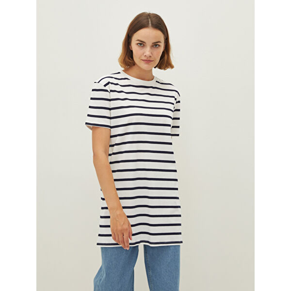 MODEST Bisiklet Yaka Çizgili Kısa Kollu Pamuklu Kadın Tunik