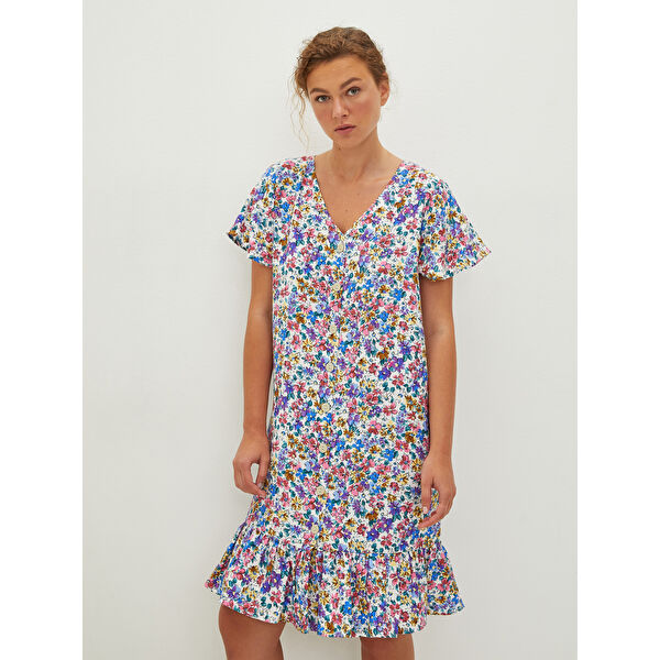 LCW VISION V Yaka Çiçekli Kısa Kollu Önden Düğmeli Kadın Elbise