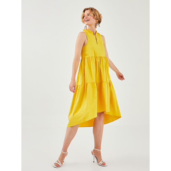 LCW LIMITED Fırfırlı Yaka Düz Kolsuz Poplin Kumaş Kadın Elbise